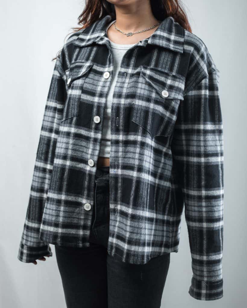 Women's Plaid Flannel Jacket in Black and Grey - Gorur Ghash