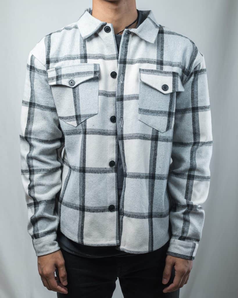 Men's Plaid Flannel Jacket in White and Grey - Gorur Ghash