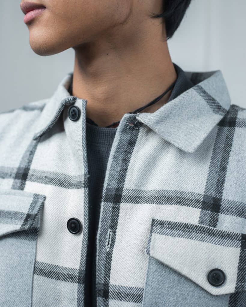Men's Plaid Flannel Jacket in White and Grey - Gorur Ghash