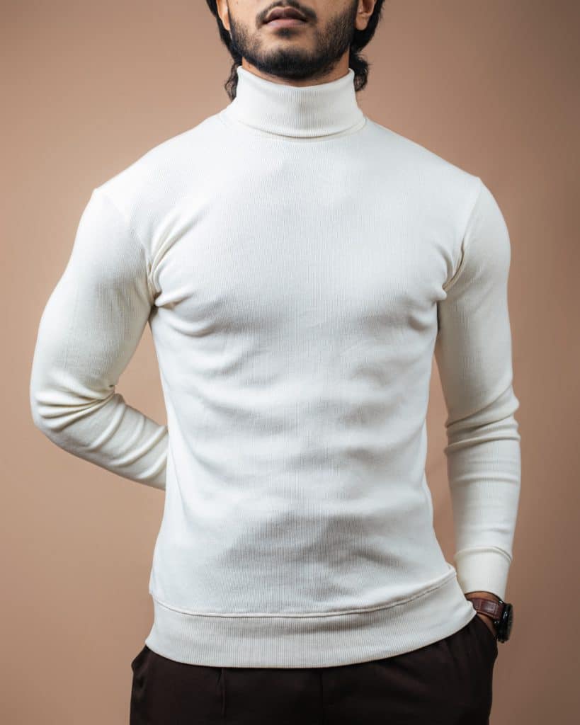Men’s Long Sleeve Ribbed Off-White Turtleneck Pullover - Gorur Ghash
