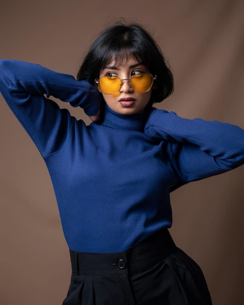 Women’s Long Sleeve Ribbed Navy Blue Turtleneck Pullover - Gorur Ghash