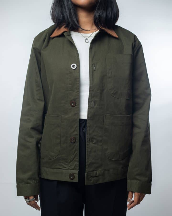 Women’s Green Chore Jacket with Cord Collar - Gorur Ghash