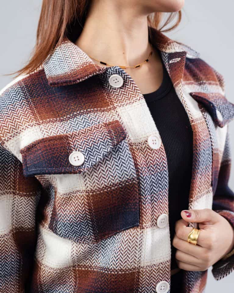 Women's Flannel Jacket in Brown & Off White - Gorur Ghash