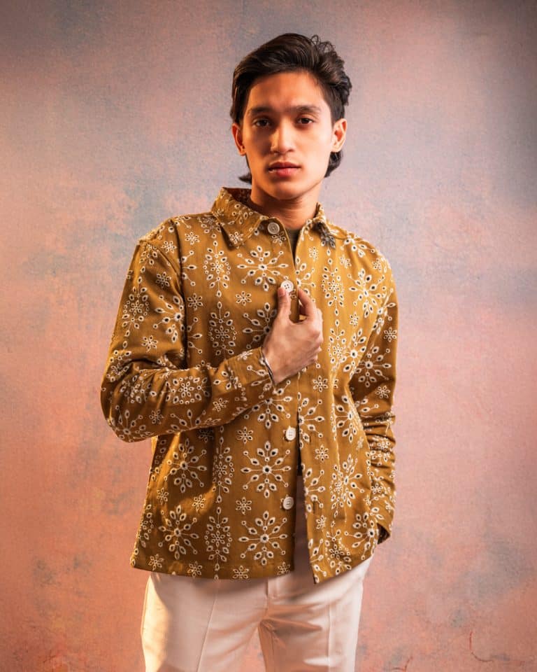 Men's Embroidered Shacket in Ochre - Gorur Ghash