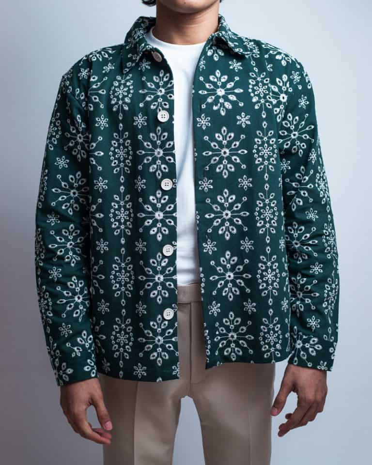 Men's Embroidered Shacket in Dark Green - Gorur Ghash