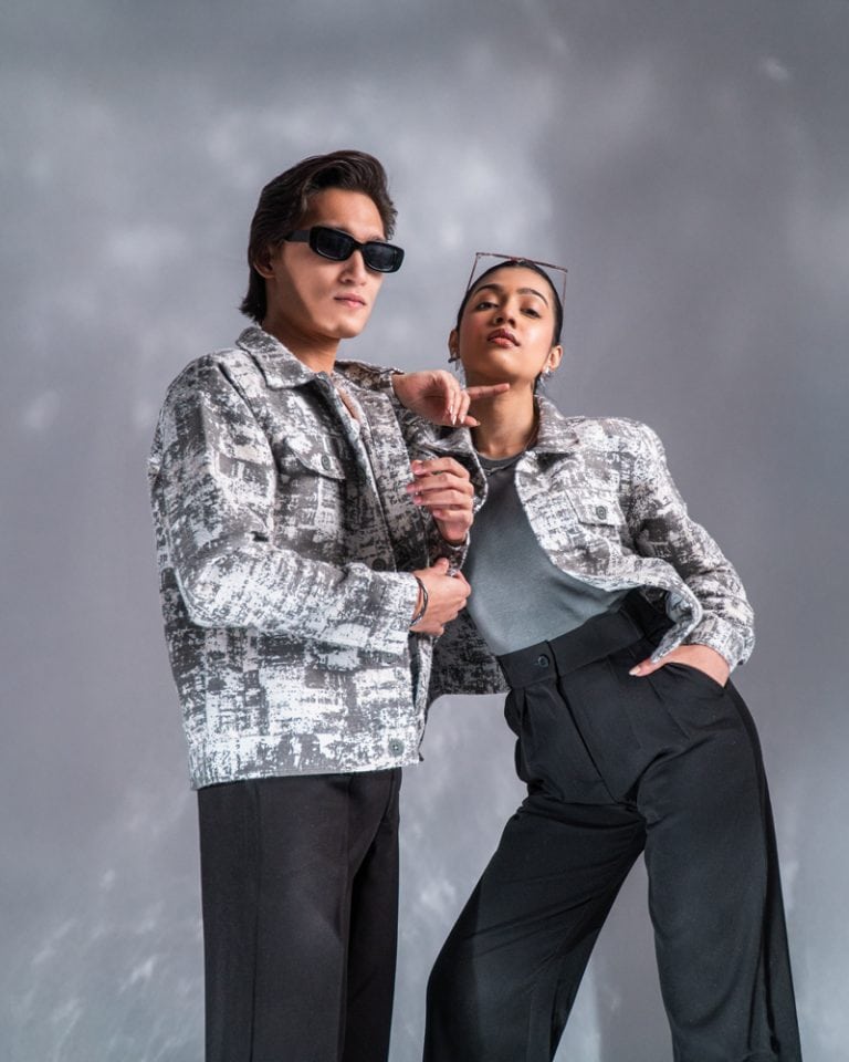 Men's Abstract Patterned Textured Jacket in White & Ash - Gorur Ghash