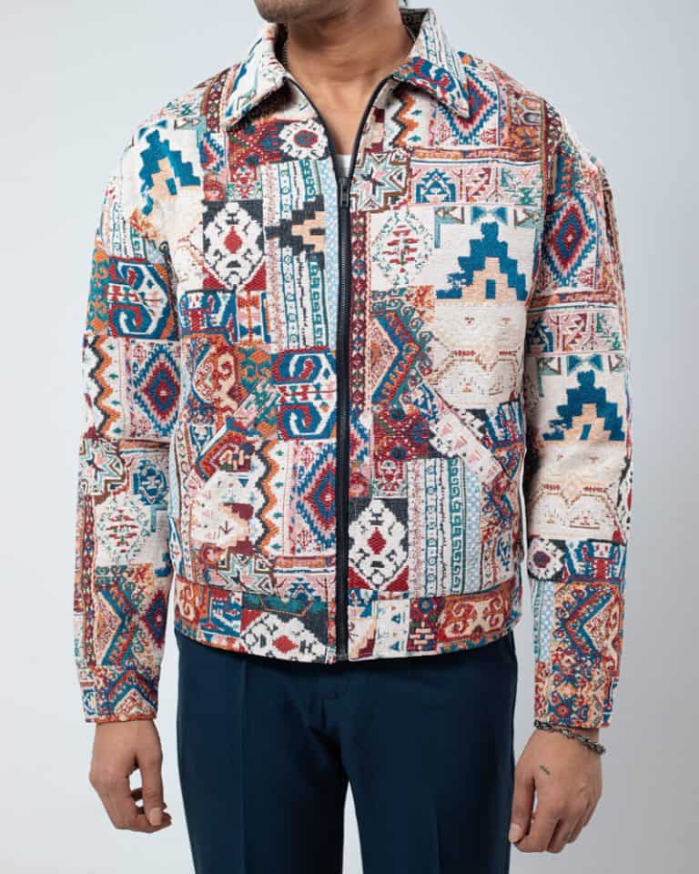 Men's Carpet Textured Jacket in White - Gorur Ghash