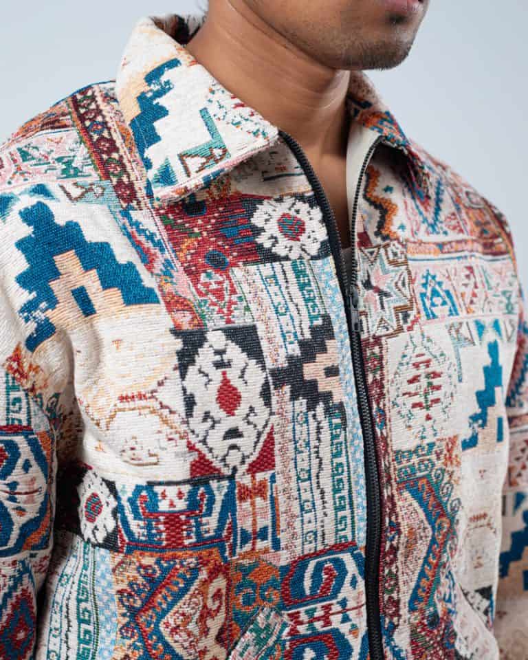 Men's Carpet Textured Jacket in White - Gorur Ghash