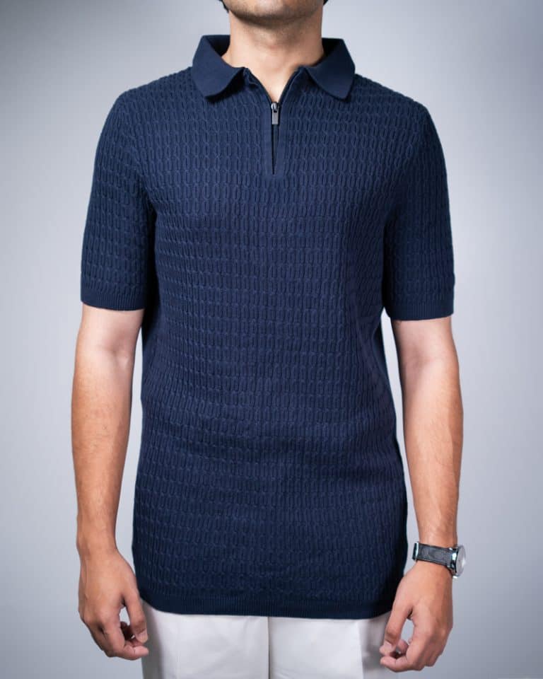 Men’s Zip-Up Loop Patterned Knit Polo in Navy Blue - Gorur Ghash