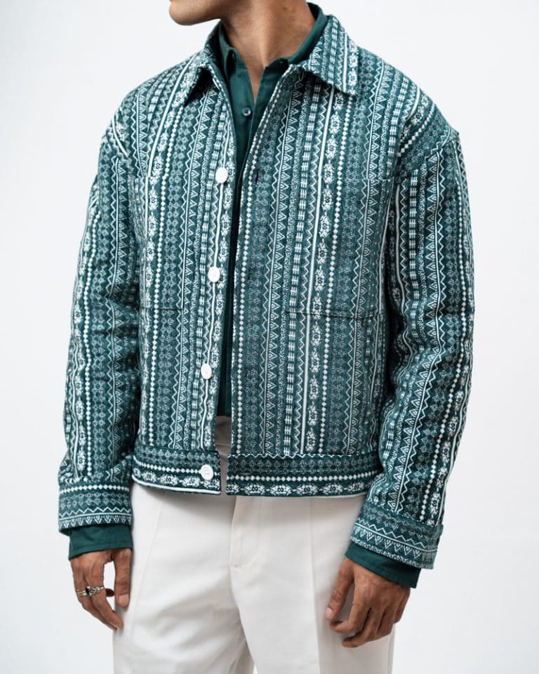 Aztec Weave Jacket in Deep Green - Gorur Ghash